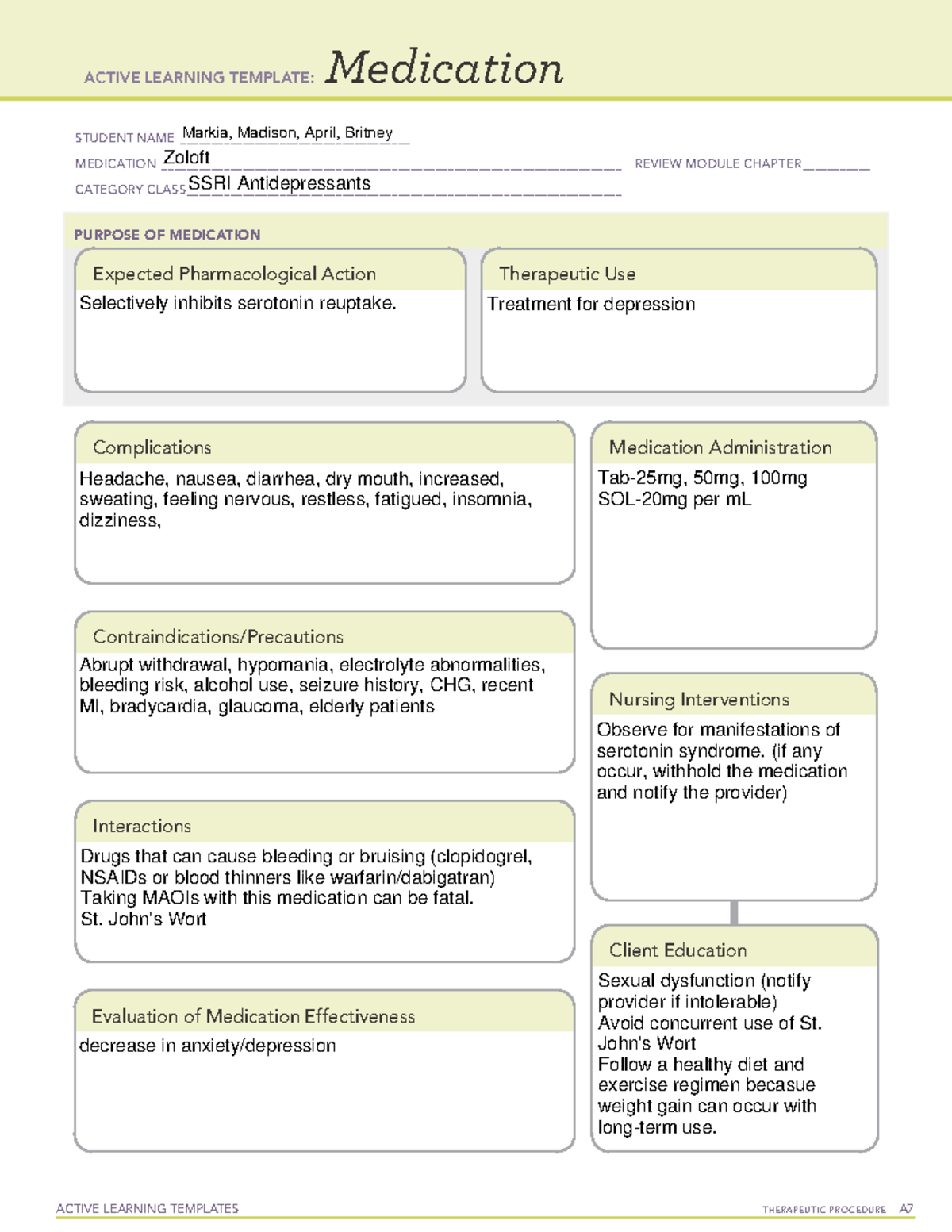Zoloft Med - Med - ACTIVE LEARNING TEMPLATES THERAPEUTIC PROCEDURE A ...