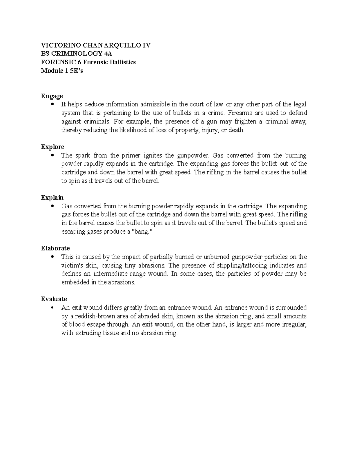 Forensic Ballistics Module 1 5E's Forensic 6 - VICTORINO CHAN ARQUILLO ...