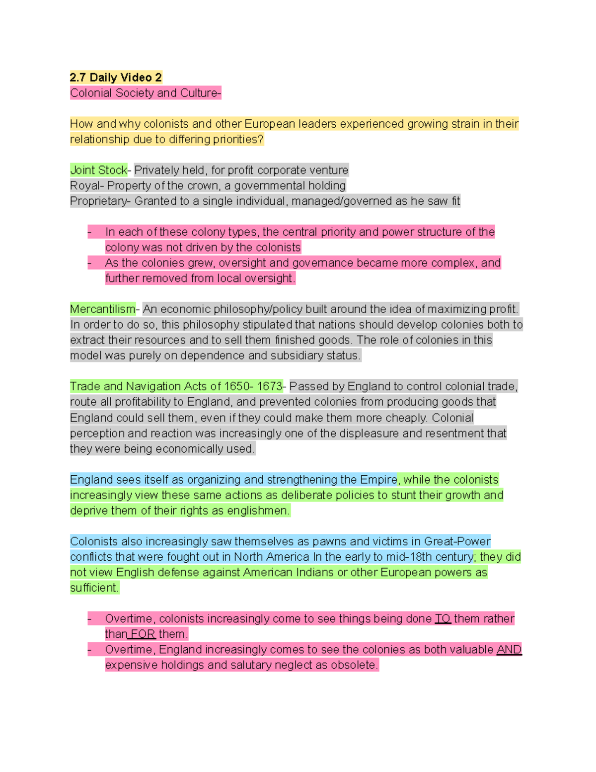 Apush Video Notes Unit 2 - 2 Daily Video 2 Colonial Society and Culture ...