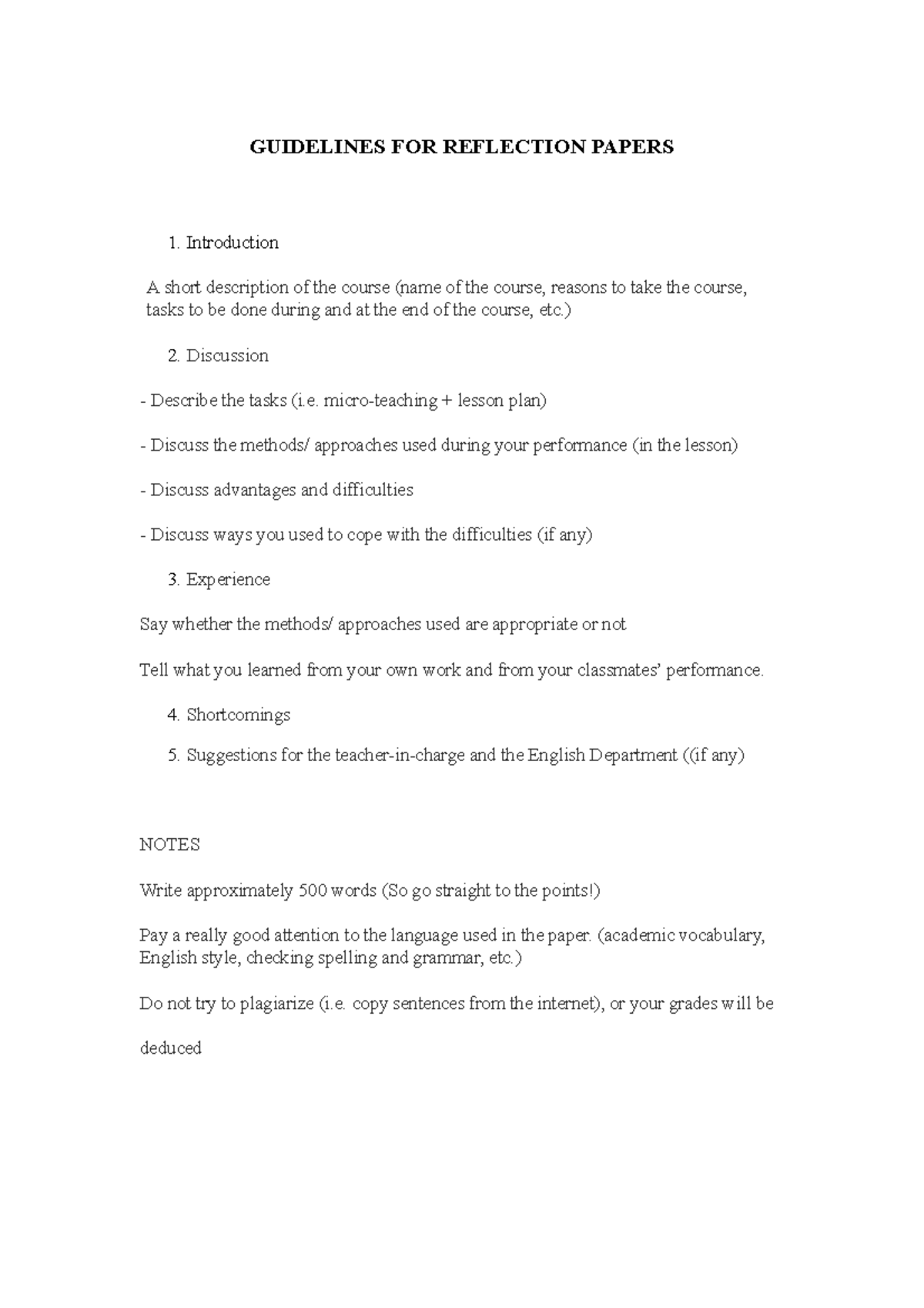 Guidelines for reflection paper - GUIDELINES FOR REFLECTION PAPERS ...