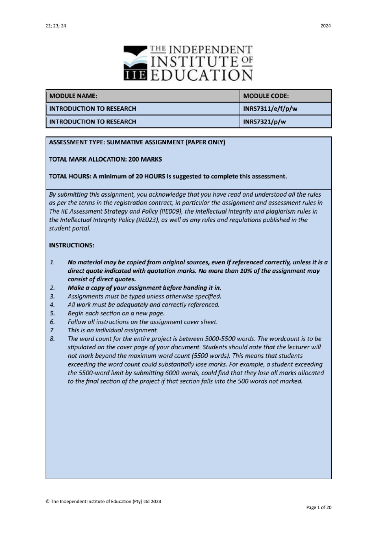 INRS7321 Summative Assignment - 24 2024 THE INDEPENDENT INSTITUTE OF ...