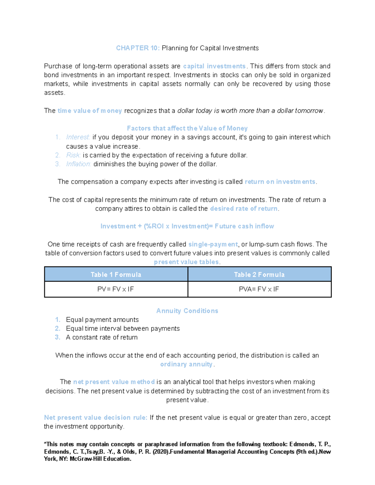 Principles OF Managerial Accounting CH 10 Notes - CHAPTER 10: Planning ...