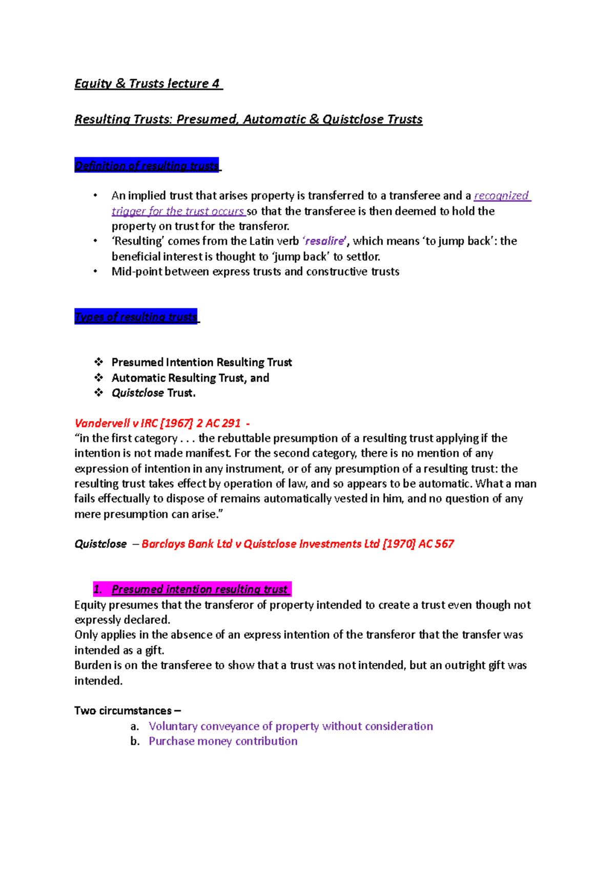 Equity and trusts lecture 4 - Equity & Trusts lecture 4 Resulting ...