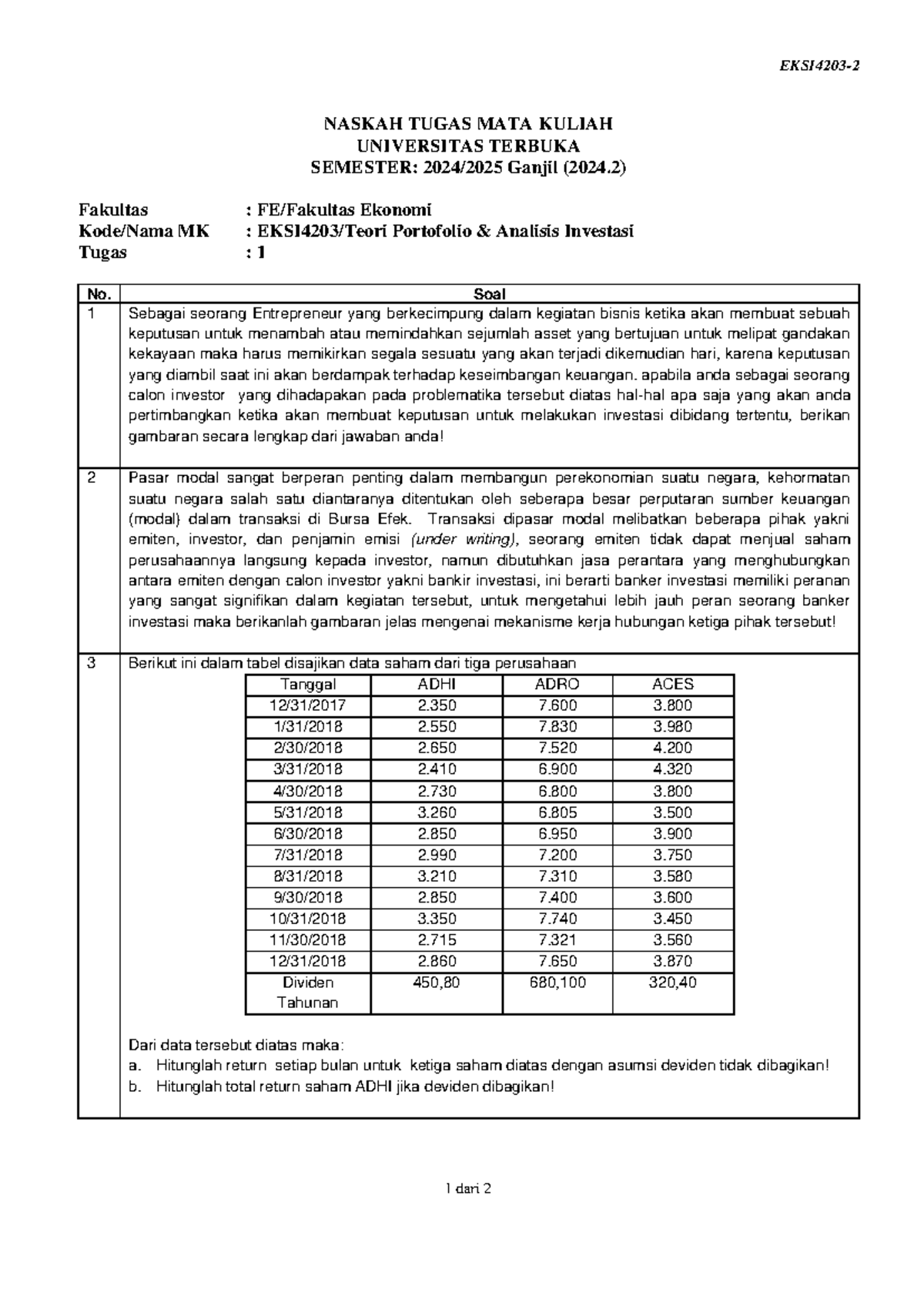 Soal eksi4203 tmk1 2 - yes - EKSI4203- 2 1 dari 2 NASKAH TUGAS MATA KULIAH UNIVERSITAS TERBUKA ...