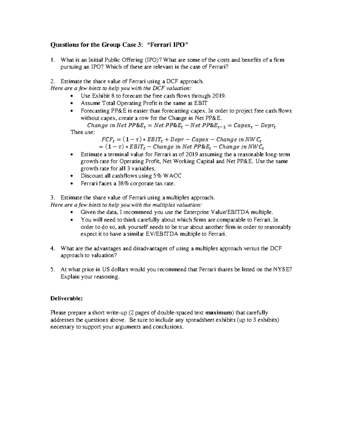 FIN340 - Case 3 - Ferrari IPO - Questions for the Group Case 3: