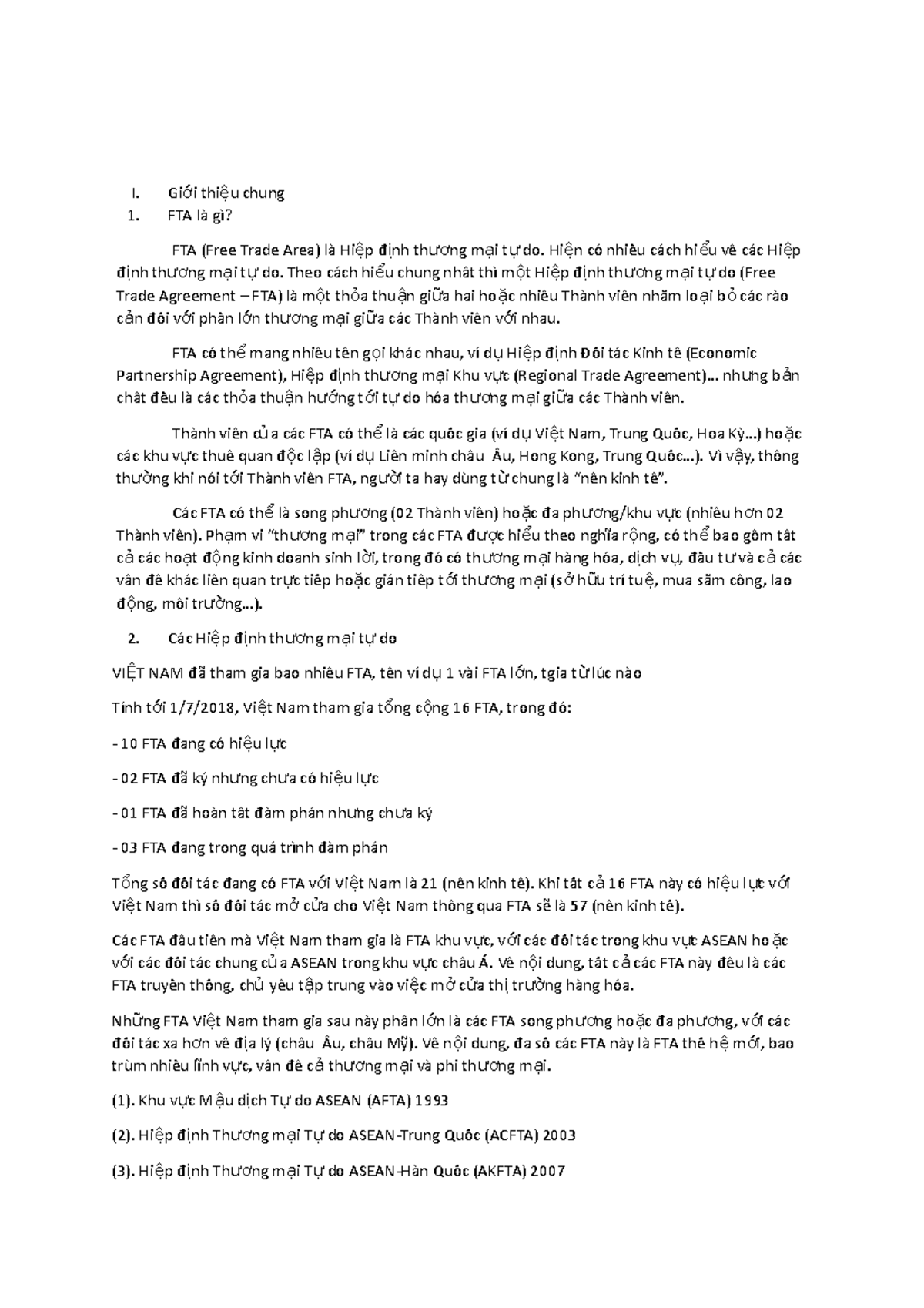 Hiệp định thương mại tự do FTA - I. Gi ới thi ệu chung FTA là gì? FTA (Free Trade Area) là Hi ệp ...