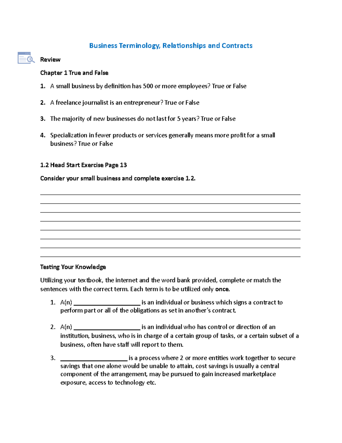 Business Terminology, Relationships and Contracts Learner Notes 5 ...