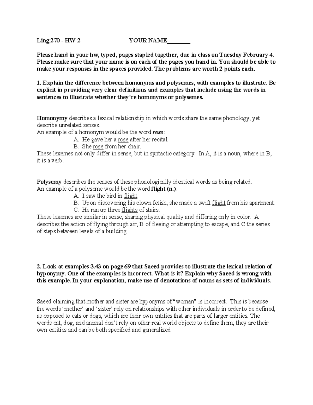 HW 2 - complete - Homonymy and polysemy - Ling 270 HW 2 YOUR Please ...