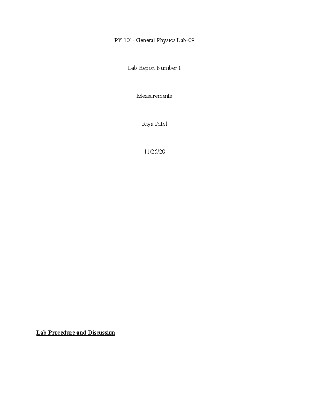 Lab 1 - Lab Report 1 from PH101 - PY 101- General Physics Lab- Lab ...