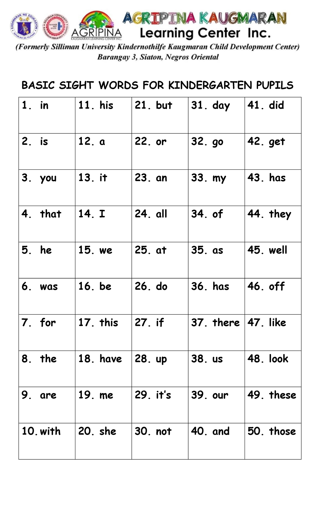 Basic Sight Words - BASIC SIGHT WORDS FOR KINDERGARTEN PUPILS 1. in 11 ...