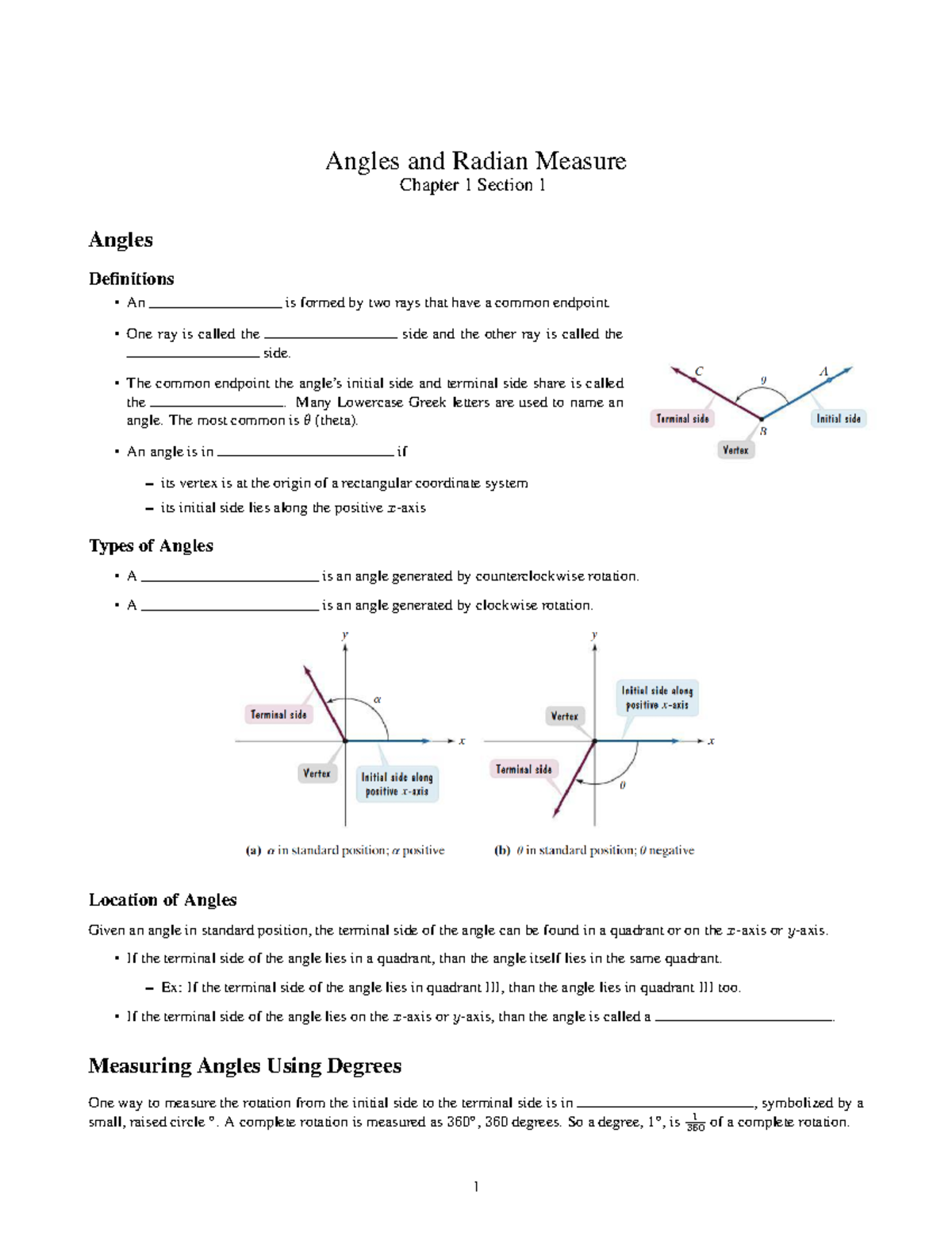 Trig Notes Section 5 1 - Angles and Radian Measure Chapter 1 Section 1 ...