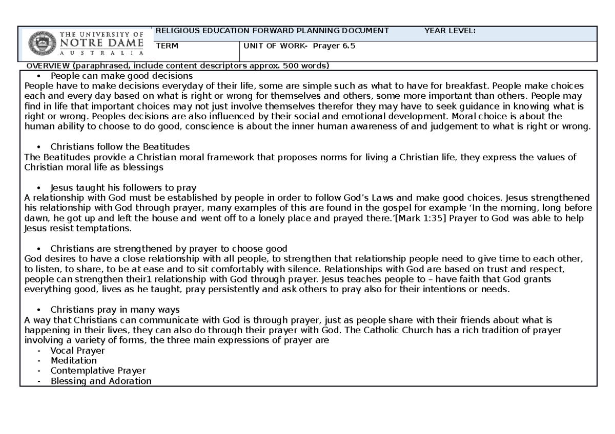 FPD Primary RE Year 6 - ED2619 - Notre Dame - Studocu