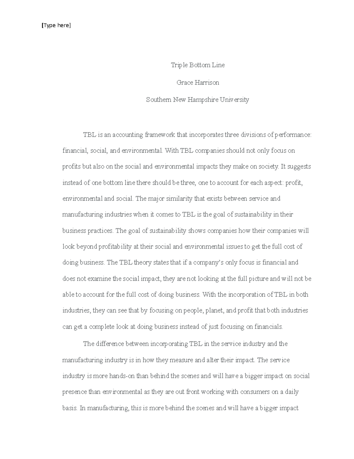 Triple Bottom Line - MODULE ONE ASSIGNMENT - [Type here] Triple Bottom ...