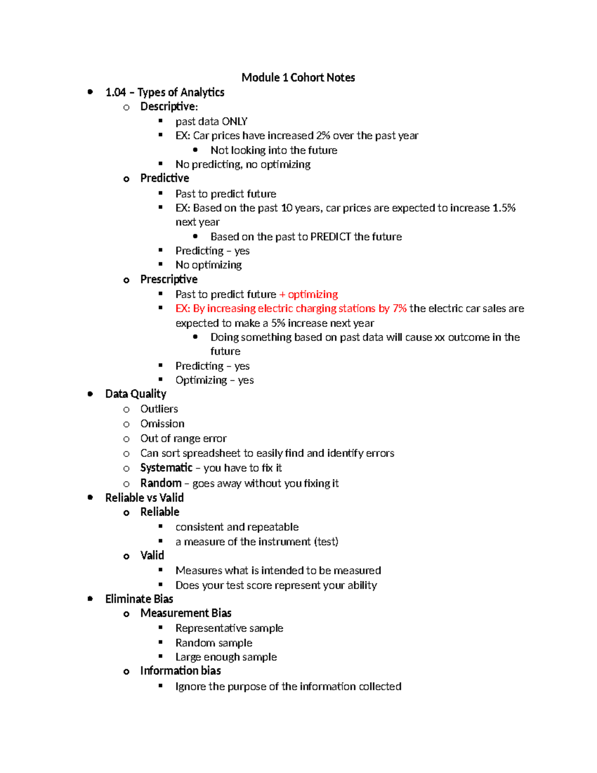 Module 1 Cohort Notes - Module 1 Cohort Notes 1 – Types of Analytics o ...