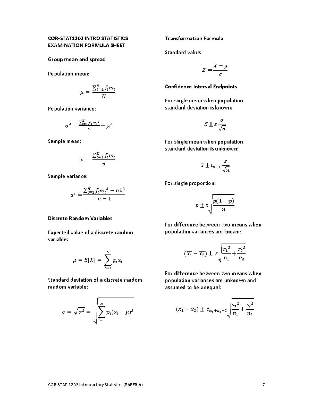Fomular sheet - needed for stat - COR-STAT 1202 Introductory Statistics ...