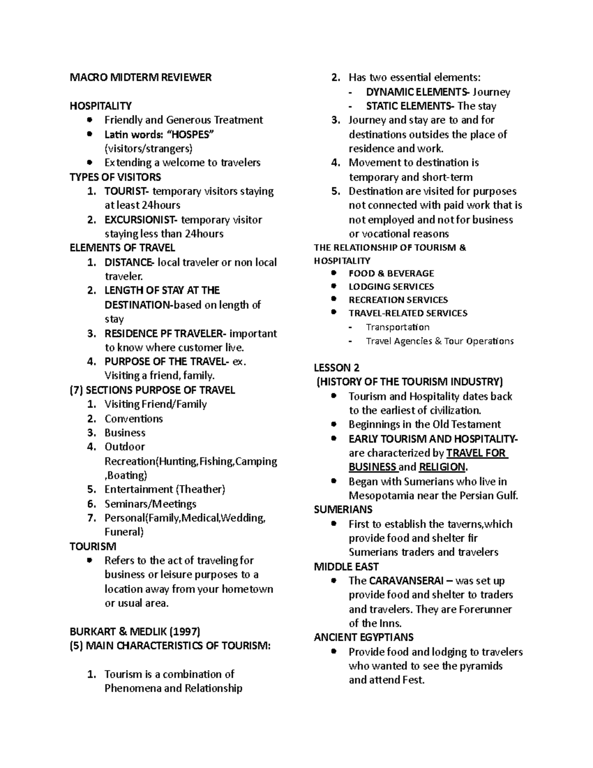 Marco Midterm - Macro - MACRO MIDTERM REVIEWER HOSPITALITY Friendly and Generous Treatment Latin ...