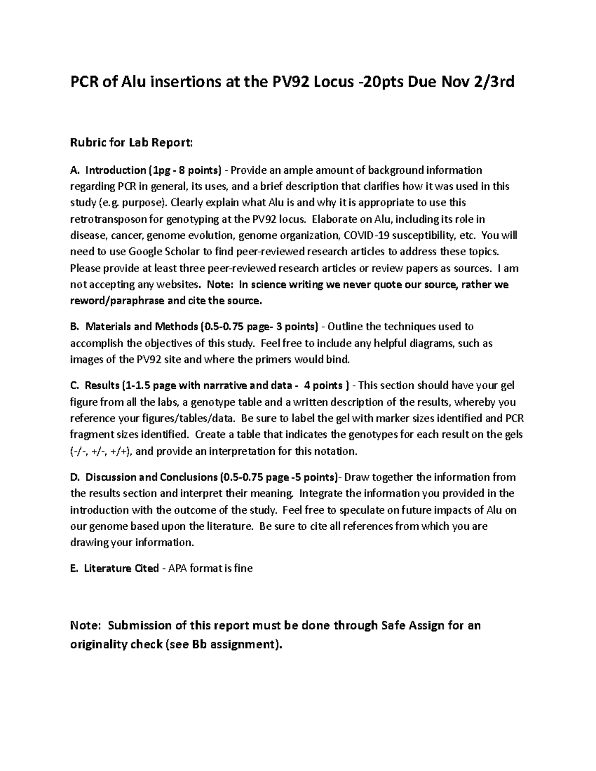 Alu Lab Report Rubric - alu expirment - PCR of Alu insertions at the ...