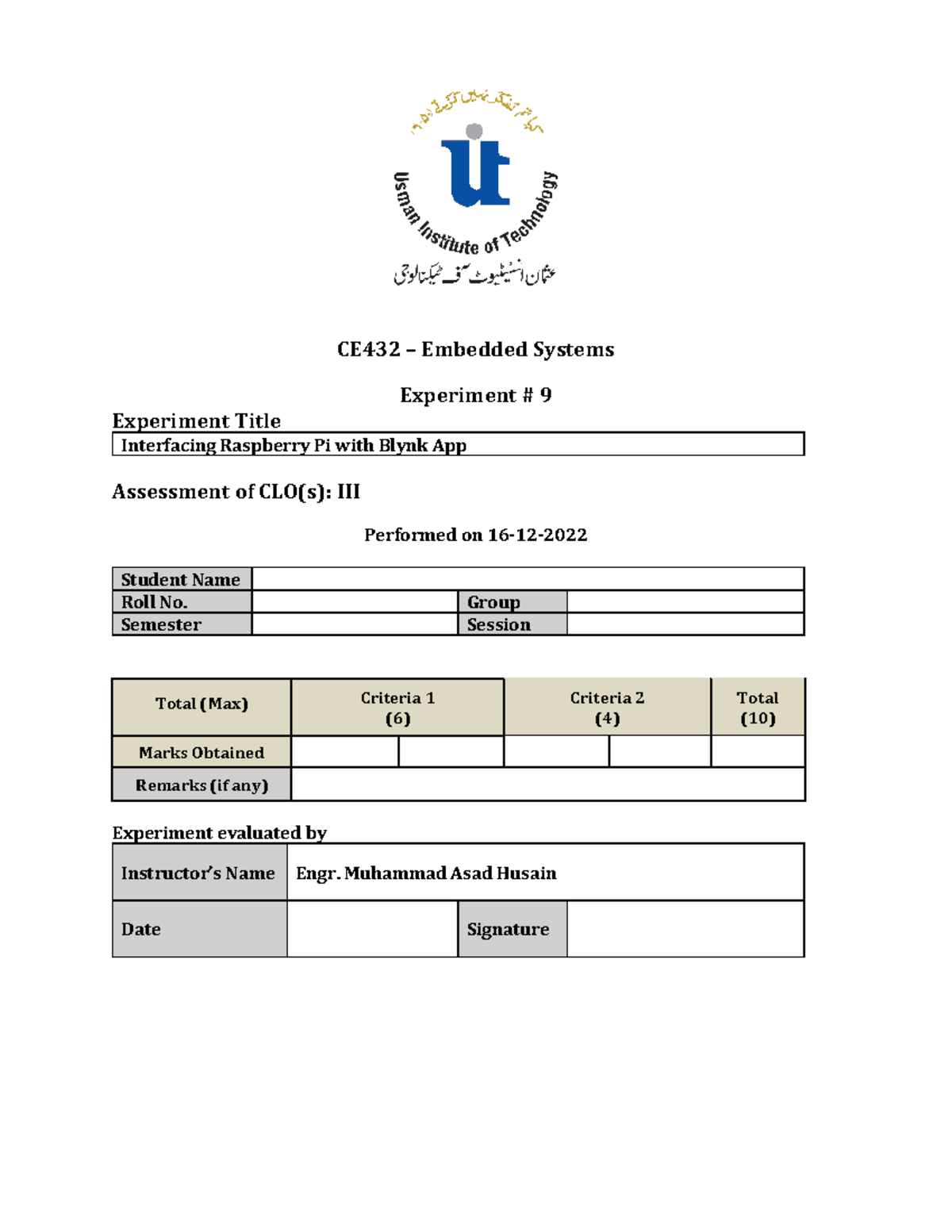 Experiment # 9 - Lab manual - CE432 – Embedded Systems Experiment # 9 ...