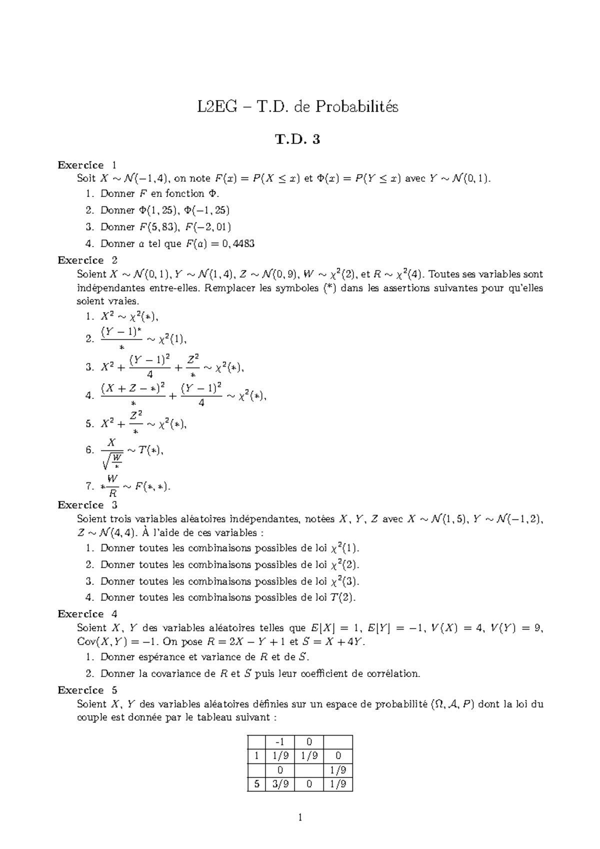L2EG-Probabilités-TD3 - L2EG – T. de Probabilit ́es T. 3 Exercice 1 ...