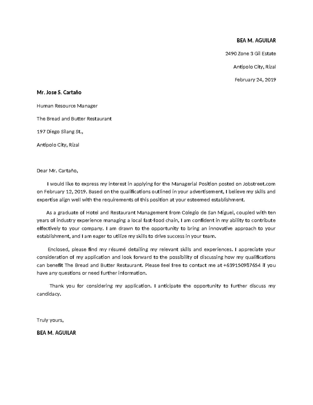 BEA-M - letter - BEA M. AGUILAR 2490 Zone 3 Gil Estate Antipolo City ...
