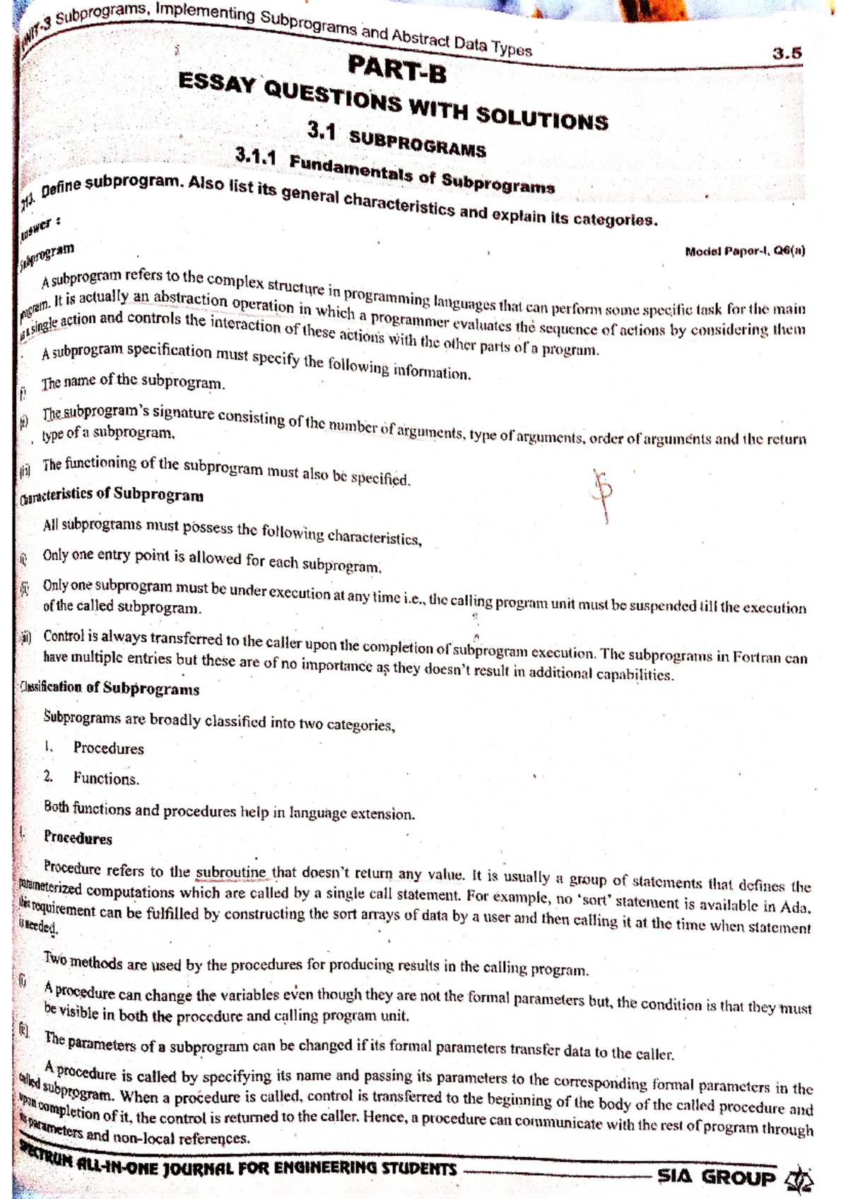 Ppl unit 3 - Jntuh r18 ppl sia spectrum. - Implementing Subprograms and ...