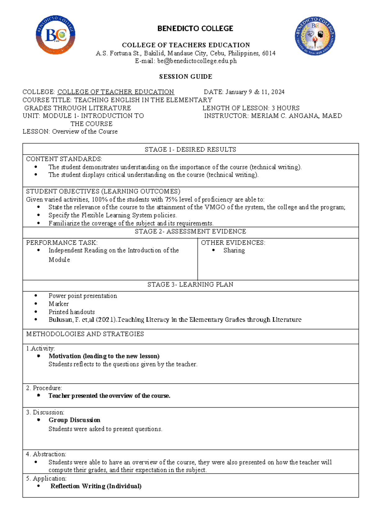 Session- Guide-ENG - BENEDICTO COLLEGE COLLEGE OF TEACHERS EDUCATION A ...