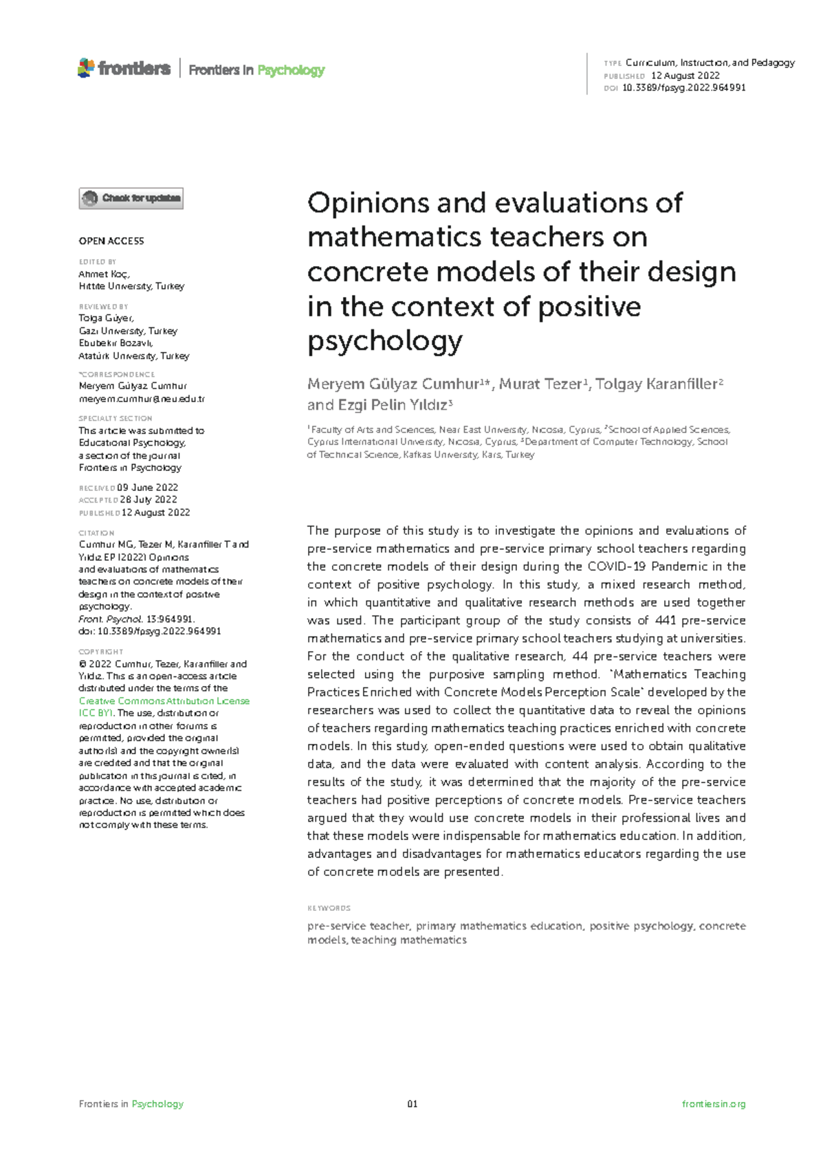 (Main) 2022 Opinions and evaluations of mathematics teachers on ...