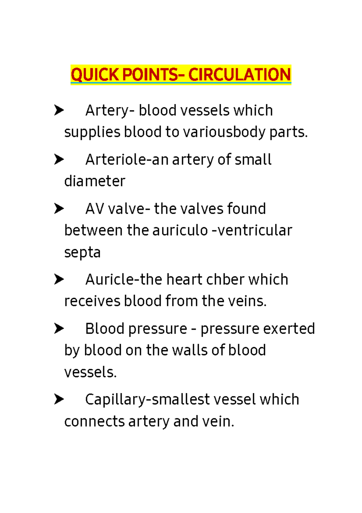 Quick Points- Circulation - QUICK POINTS- CIRCULATION Artery- blood ...