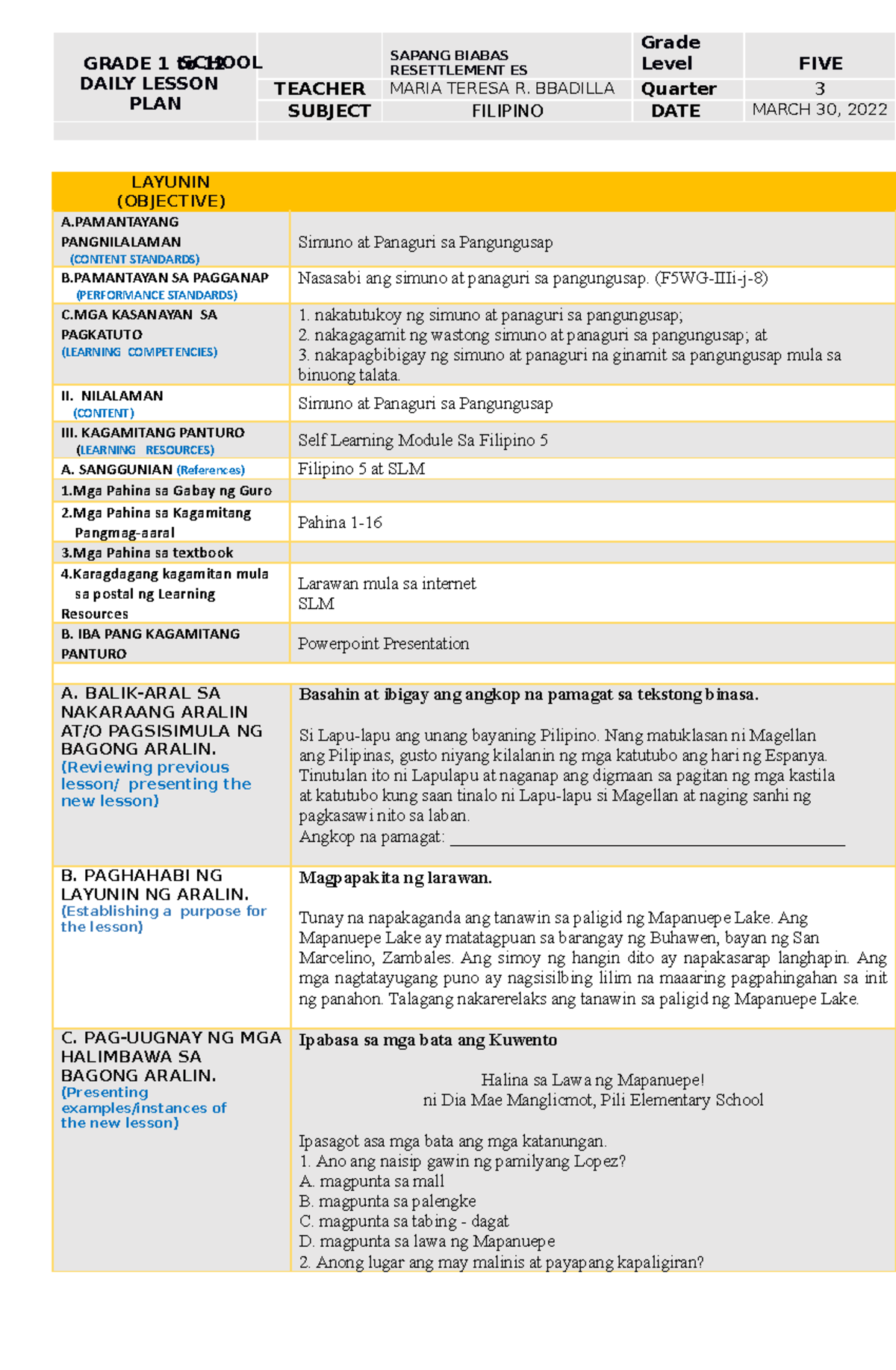 Filipino 5 MAM Maria Teresa Babadilla COT 2 - GRADE 1 to 12 DAILY ...