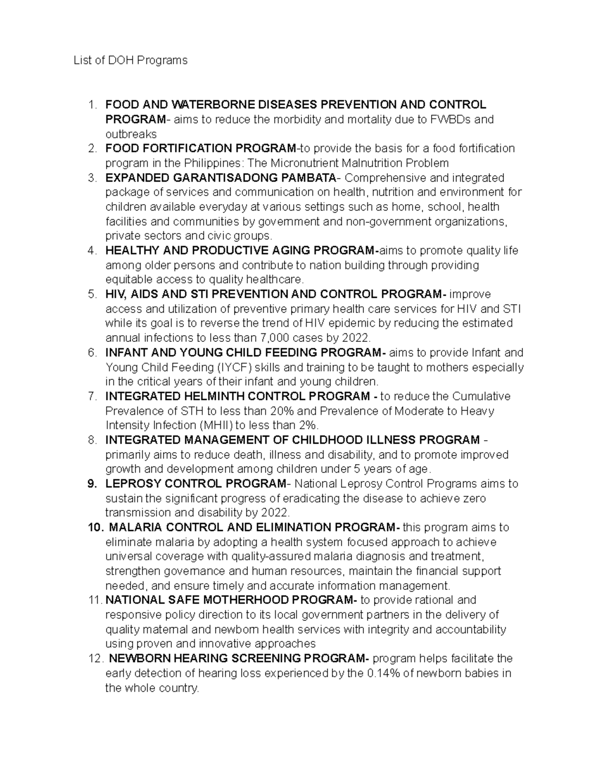 Chn reviewer - List of DOH Programs 1. FOOD AND WATERBORNE DISEASES ...