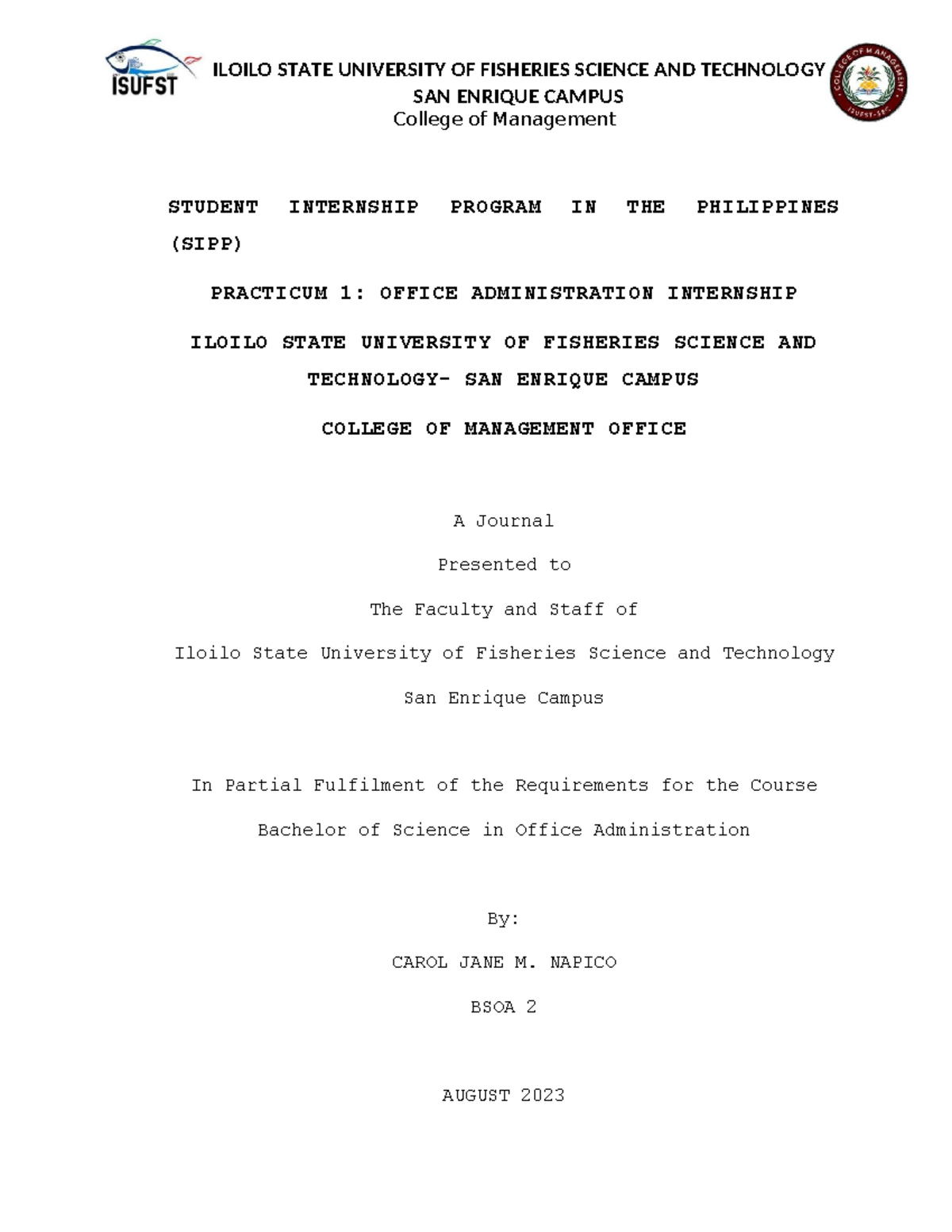 Student Internship Program IN THE Philippines - SAN ENRIQUE CAMPUS ...