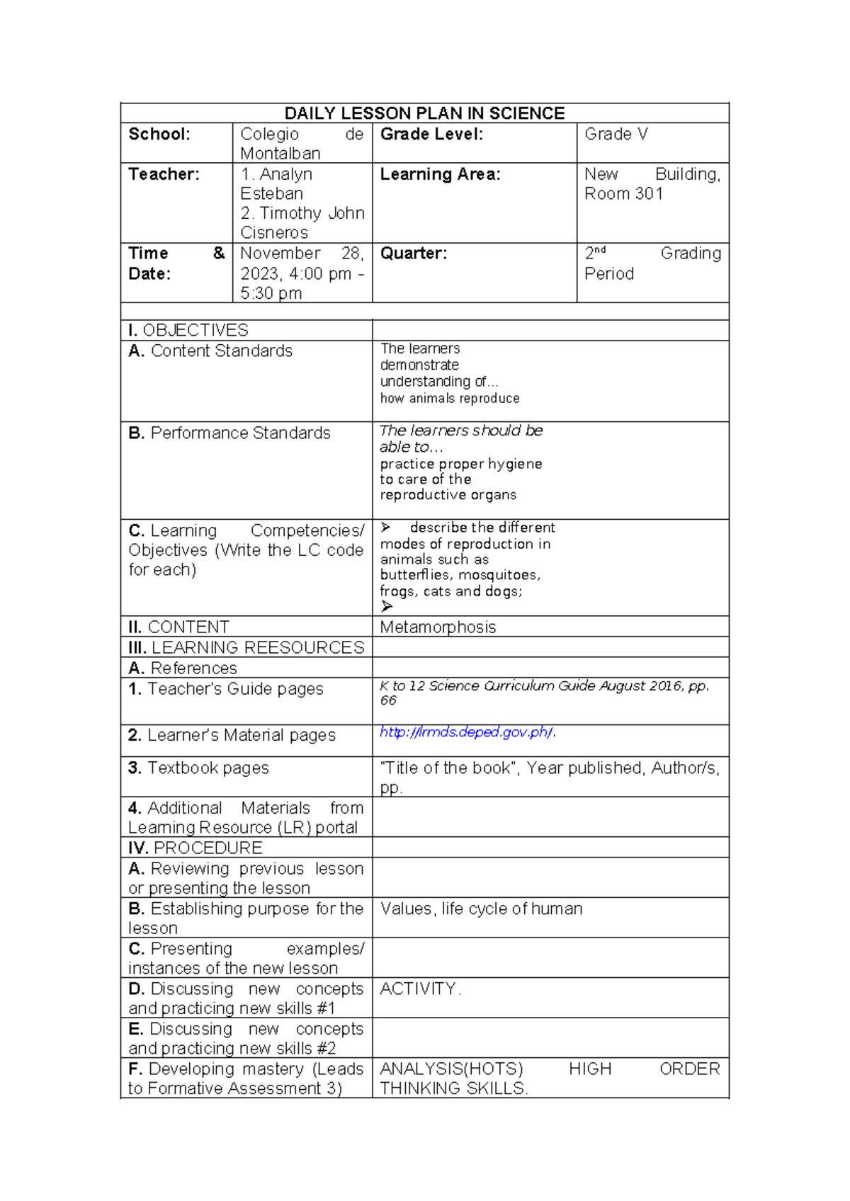 Daily Lesson PLAN Biological Science Grade 5 - DAILY LESSON PLAN IN ...