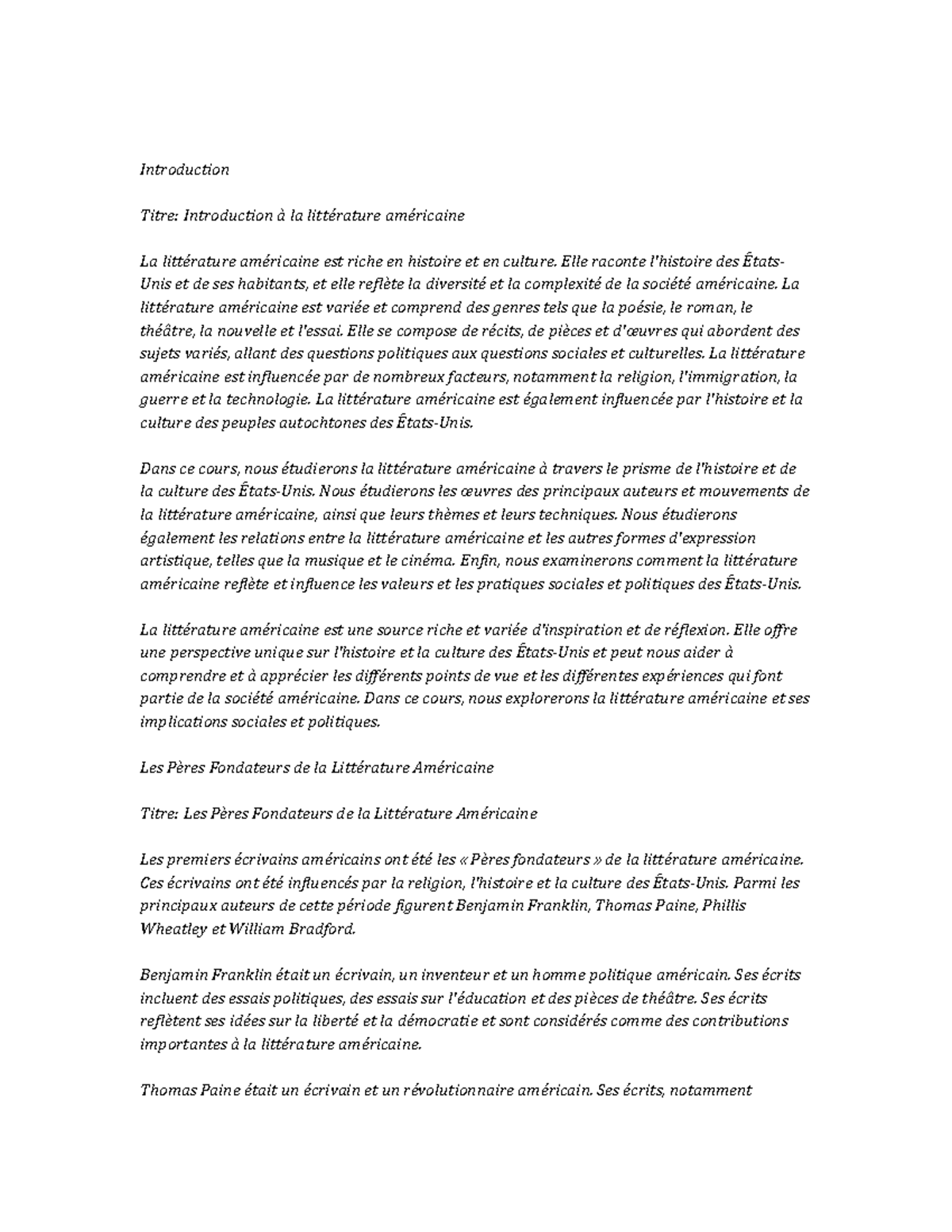 American Literature Notes de cours - Introduction Titre: Introduction à ...