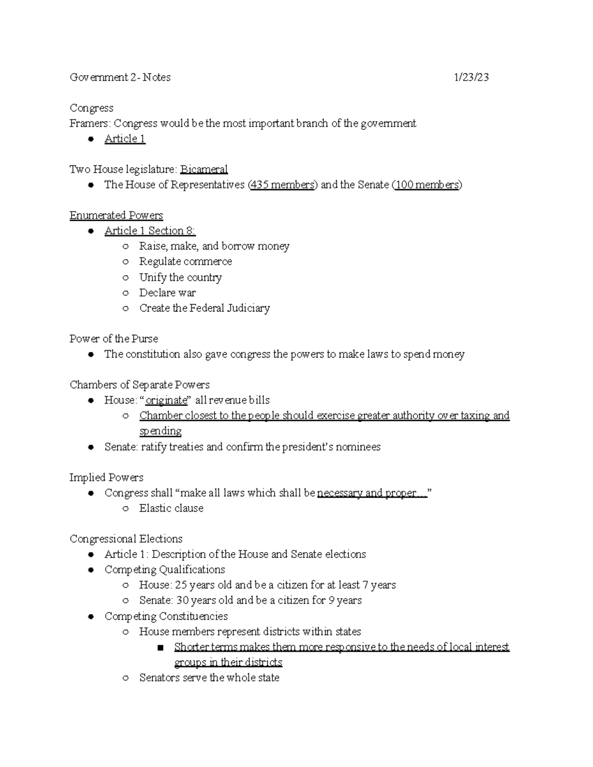 Government 2- Notes 1/23/23 - Government 2- Notes 1/23/ Congress ...