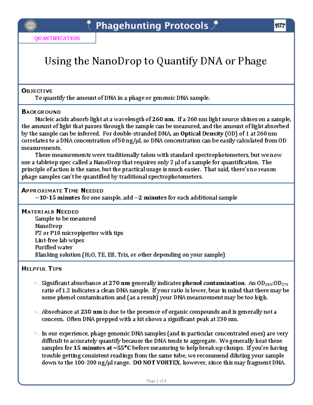 PHProtocol Nano Drop - Practical - protein/RNA ratio, DNA ...