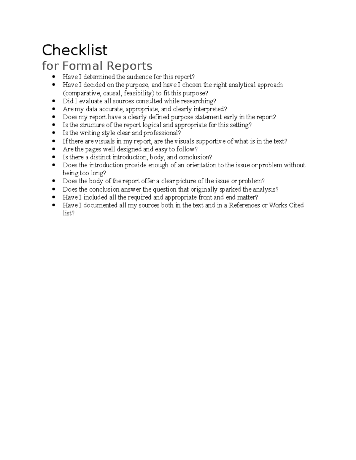 Checklist for Formal Reports - Checklist for Formal Reports Have I ...