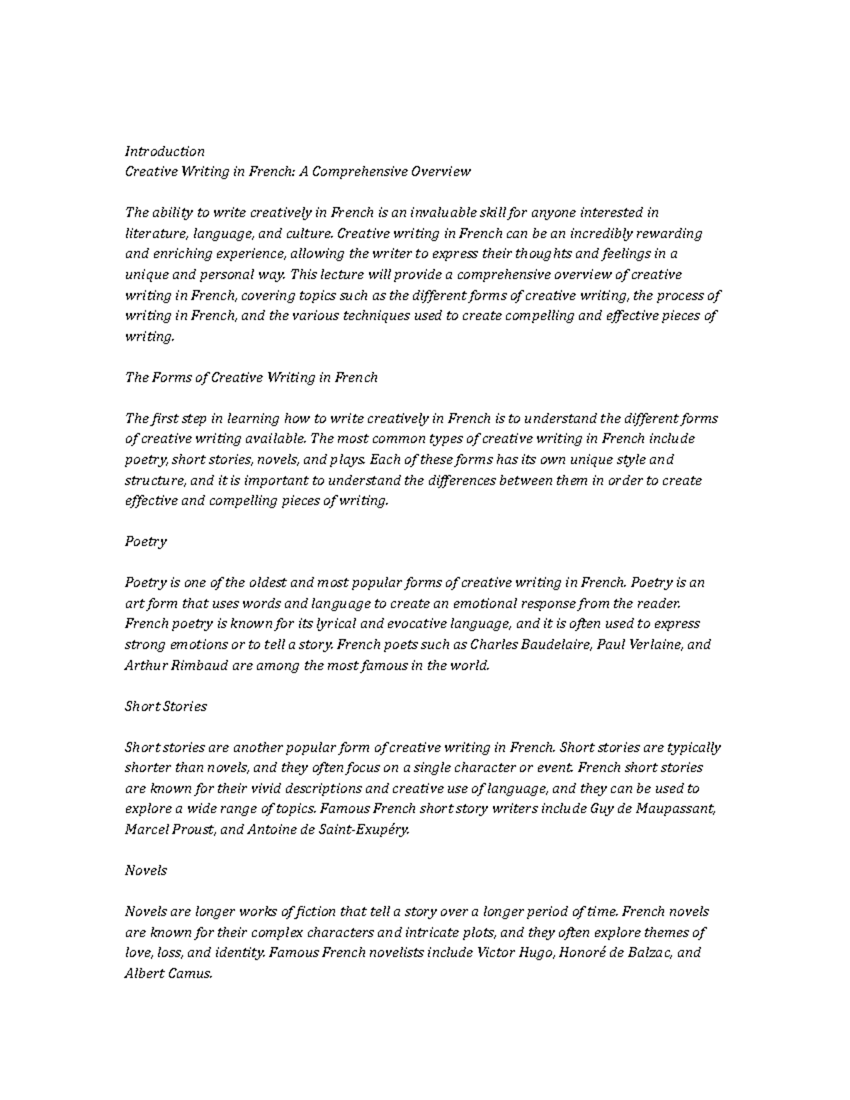 Creative Writing Study Notes Introduction Creative Writing In French