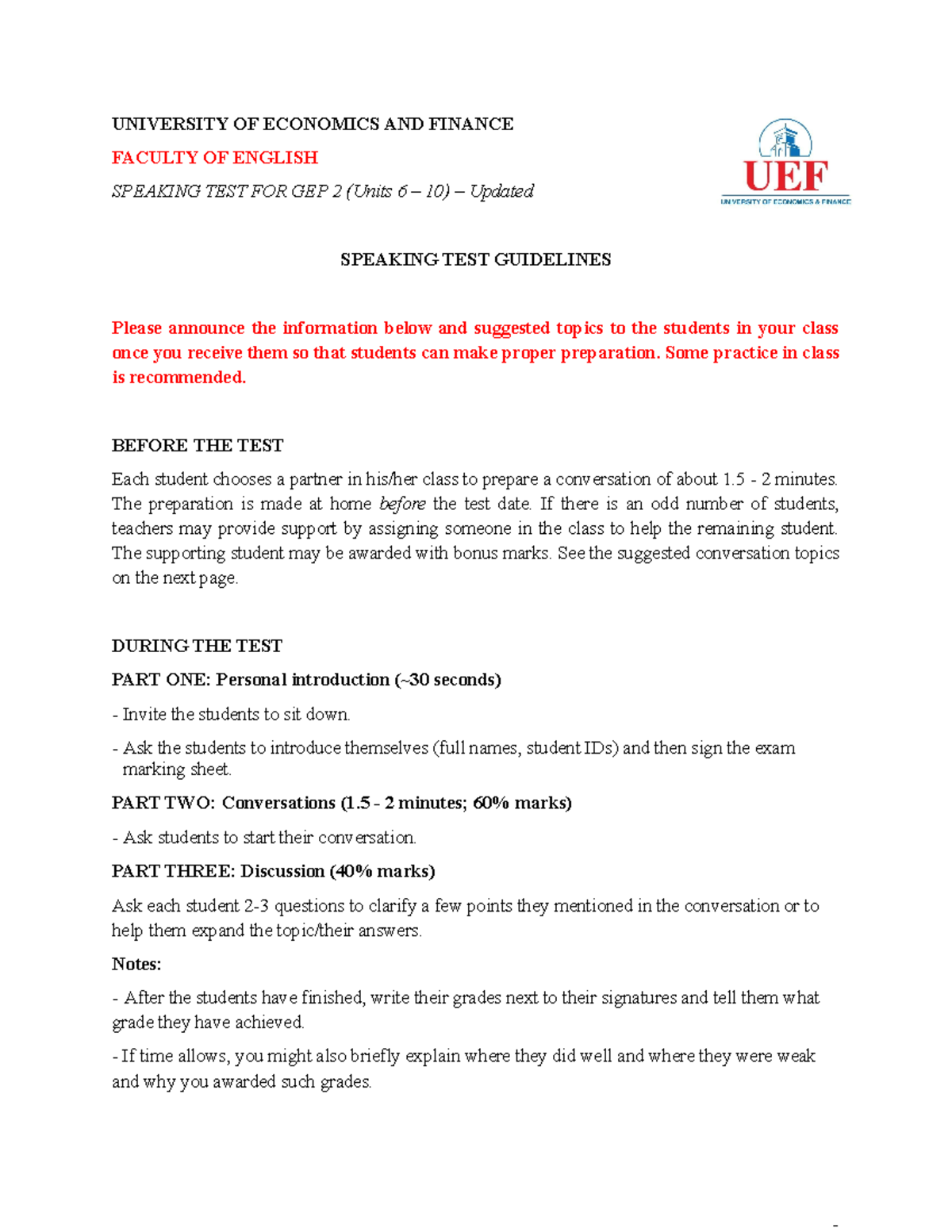 GEP 2 Speaking Sep 2022 (1) - UNIVERSITY OF ECONOMICS AND FINANCE ...