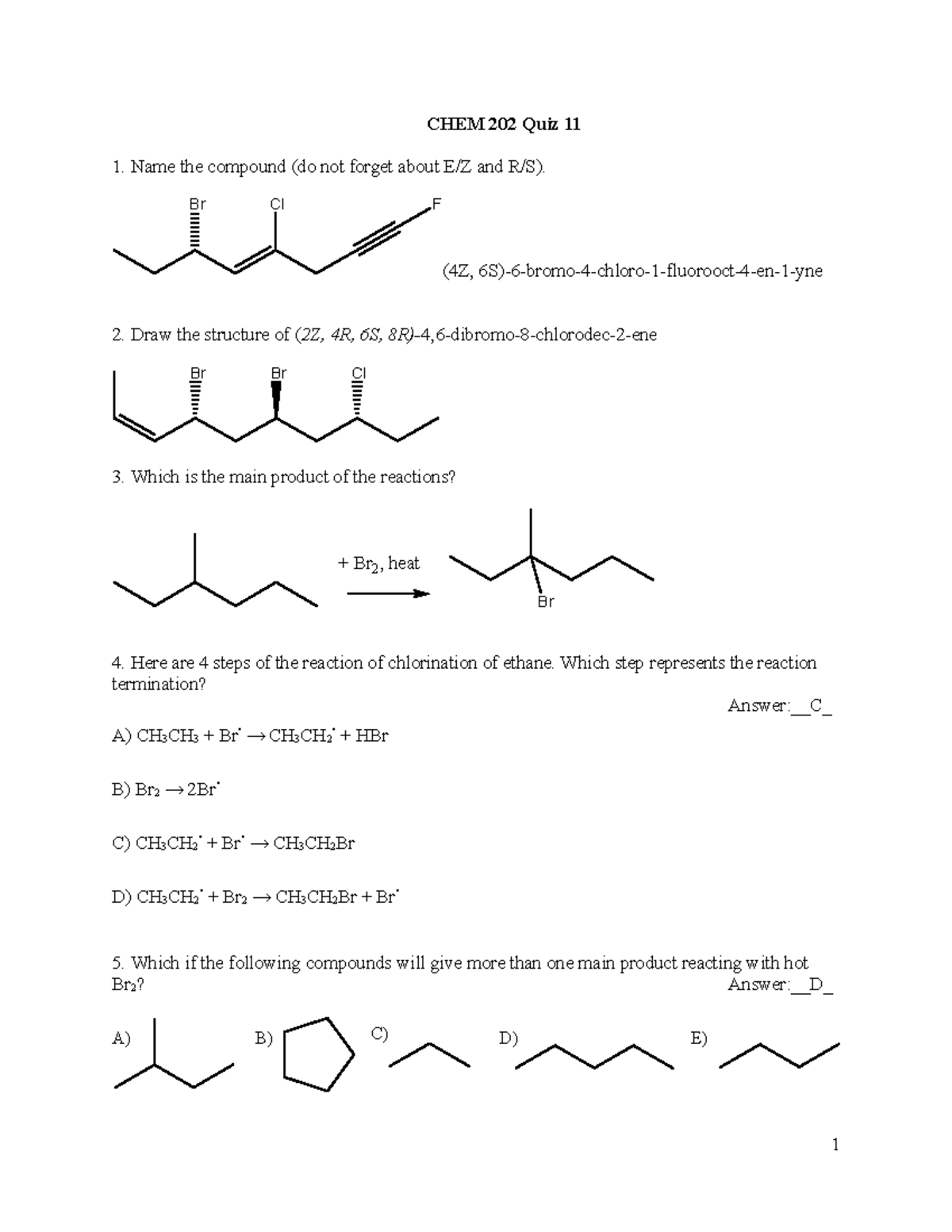 CHEM 202 quiz 11 key - Practice Quiz for Chapter 11 of Organic ...