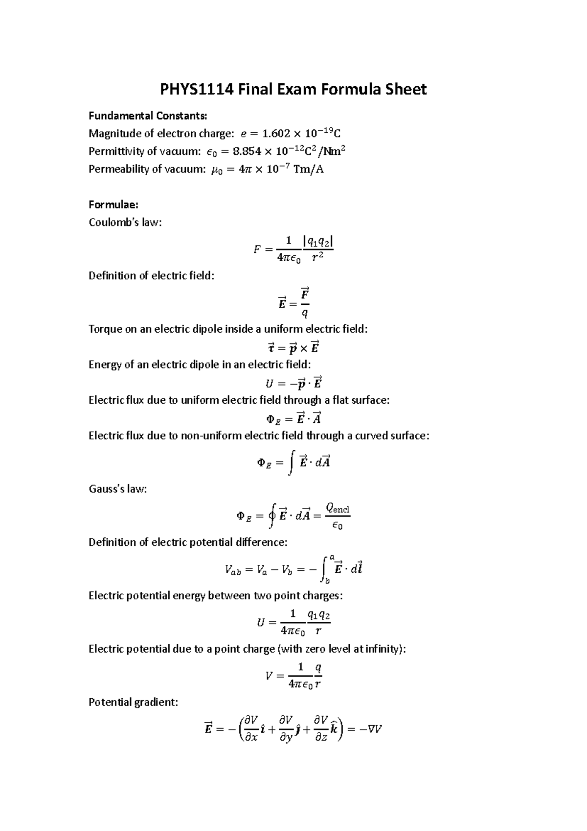PHYS1114 Fall 2024 Final Exam Formula Sheet - PHYS1114 Final Exam Formula Sheet Fundamental ...