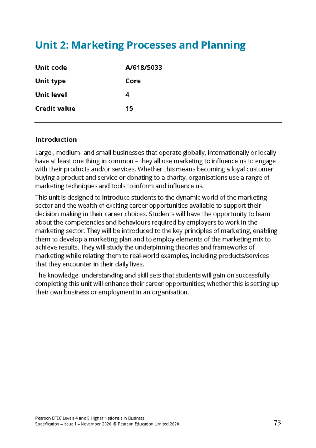 Unit 2- Marketing Planning and Processes- SOW - Pearson BTEC Levels 4 ...