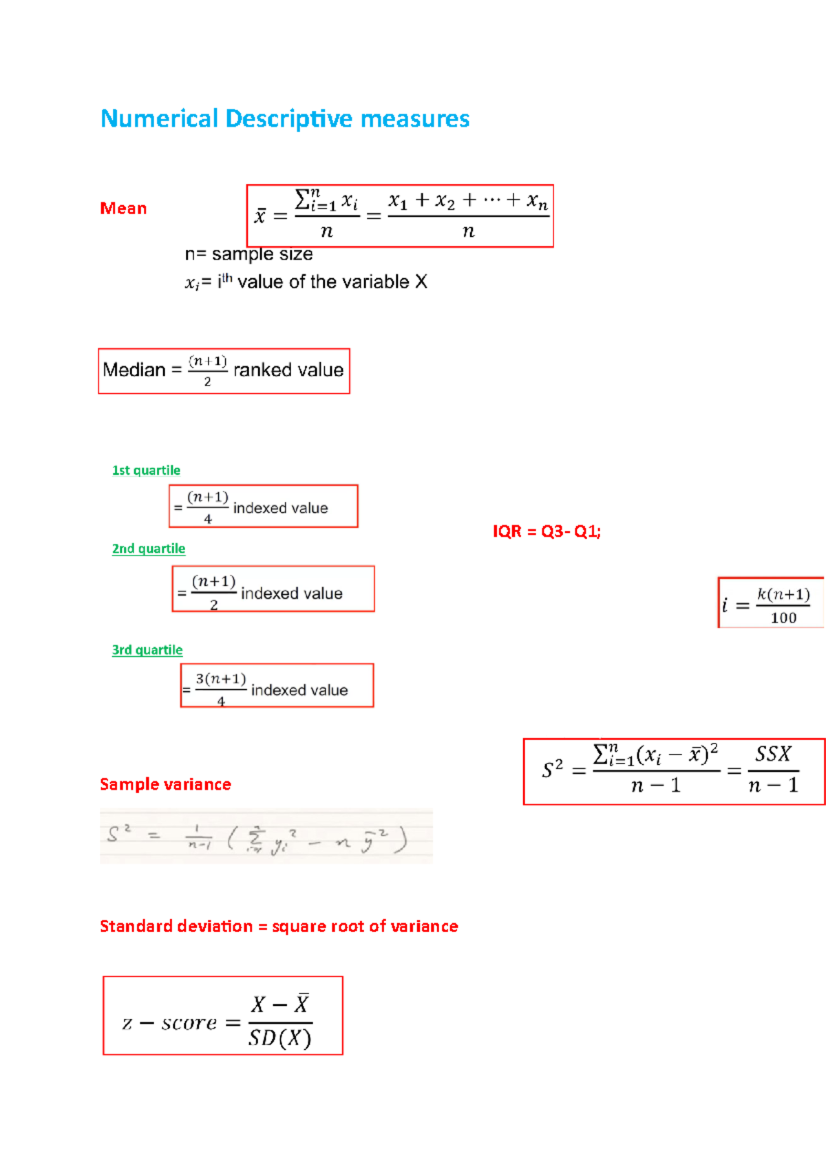 Formula pt 2 for end exams - Copy - Numerical Descriptive measures Mean IQR = Q3- Q1; Sample ...