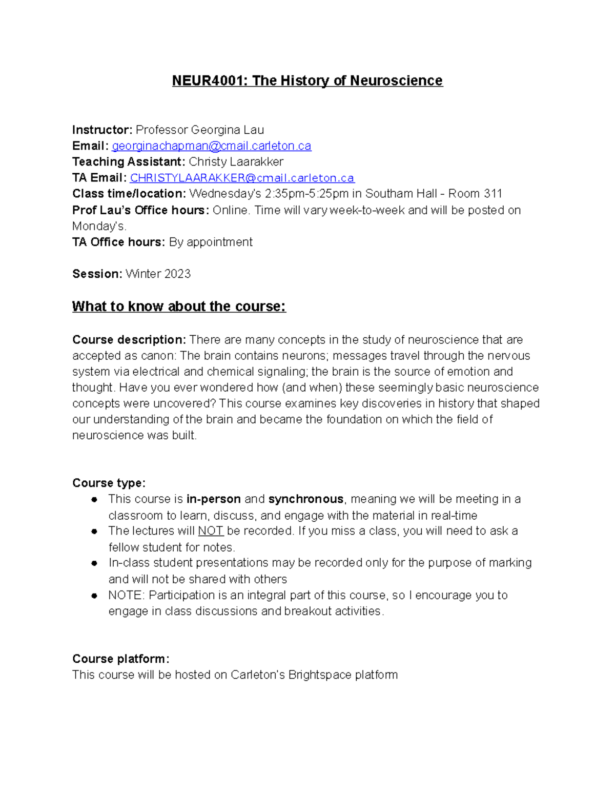 NEUR4001B - course syllabus - Updated Jan 2 2023 - NEUR4001: The ...