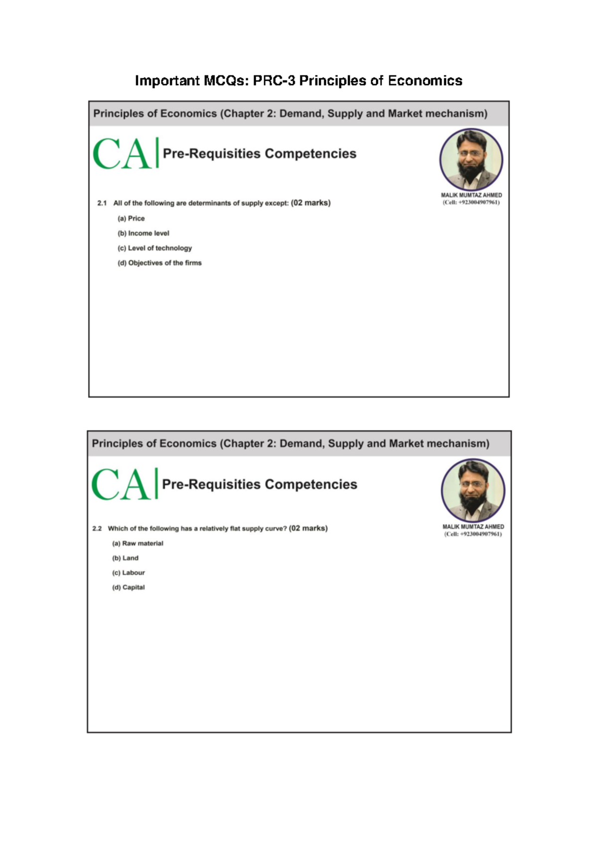 Important MCQs PRC-3 Chapter 2 - Principles of economics - Important ...