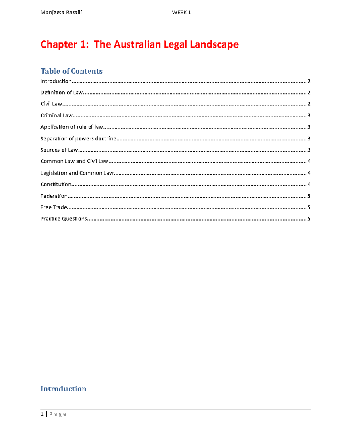 Australian Law - Lecture notes 1 - Chapter 1: The Australian Legal ...