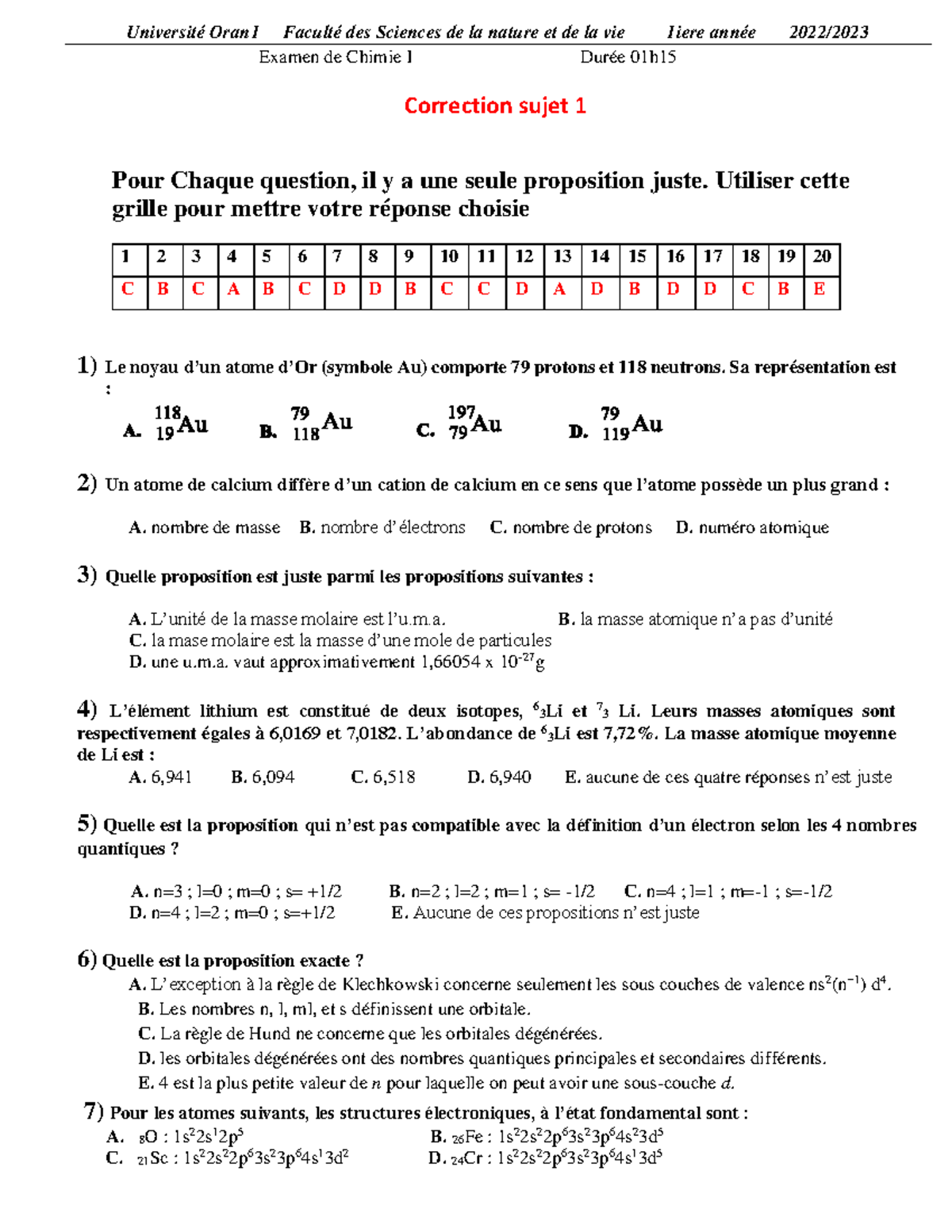 QCM Corrigé Chimie L1 SNV 2023 PDF - Université Oran1 Faculté des Sciences de la nature et de la ...