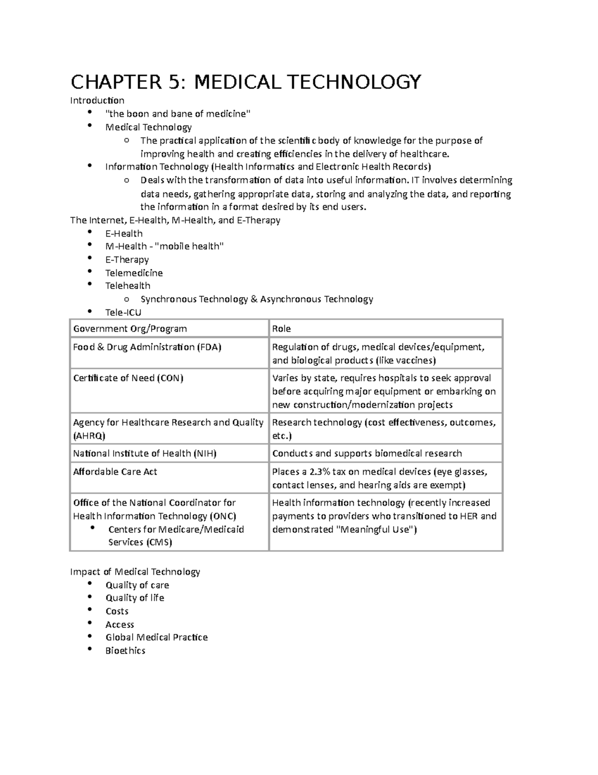 Chapter 5 - lecture notes - CHAPTER 5: MEDICAL TECHNOLOGY Introduction ...