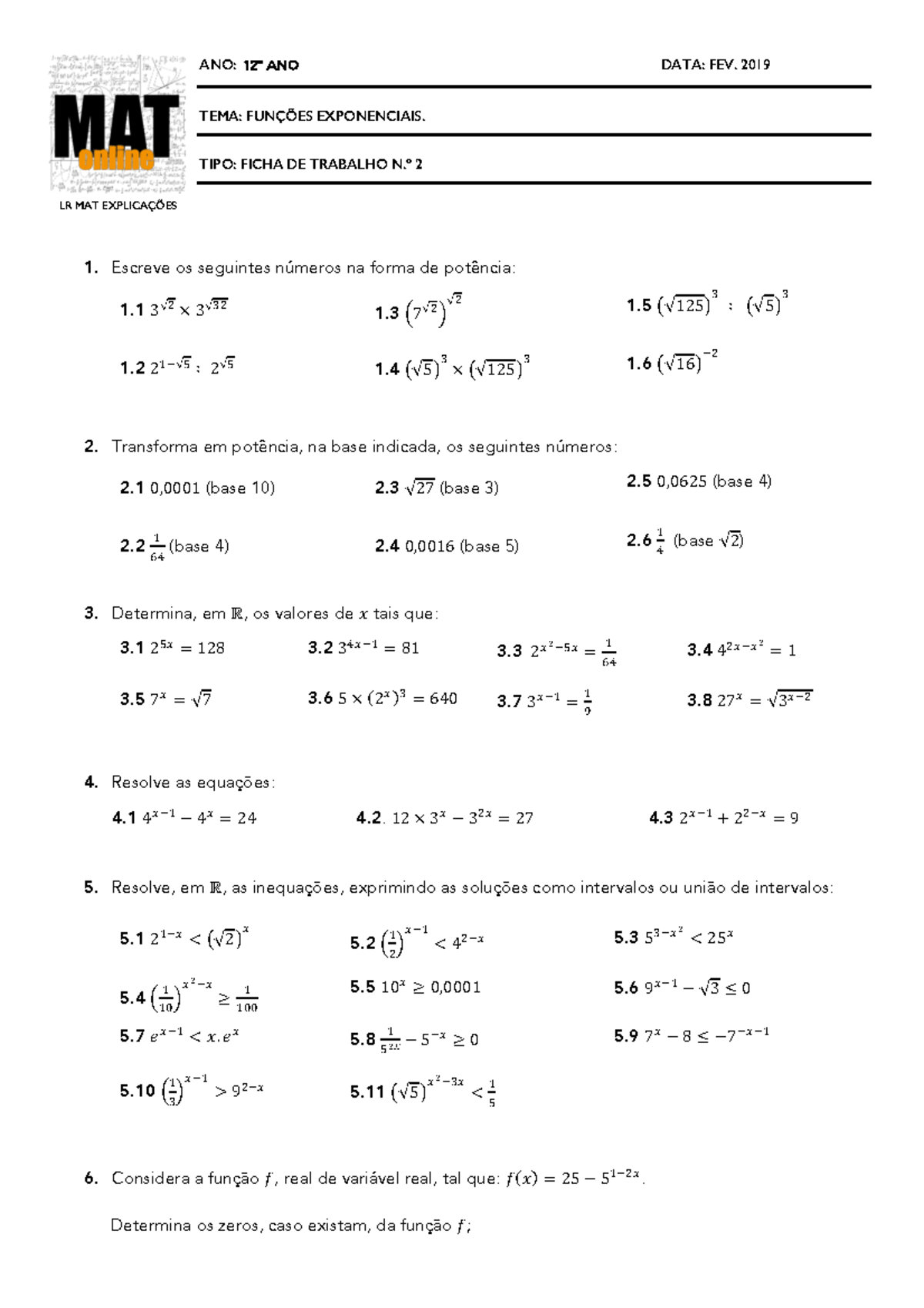 FUNÇÕES EXPONENCIAIS - ficha 12ºano - Warning: TT: undefined function ...