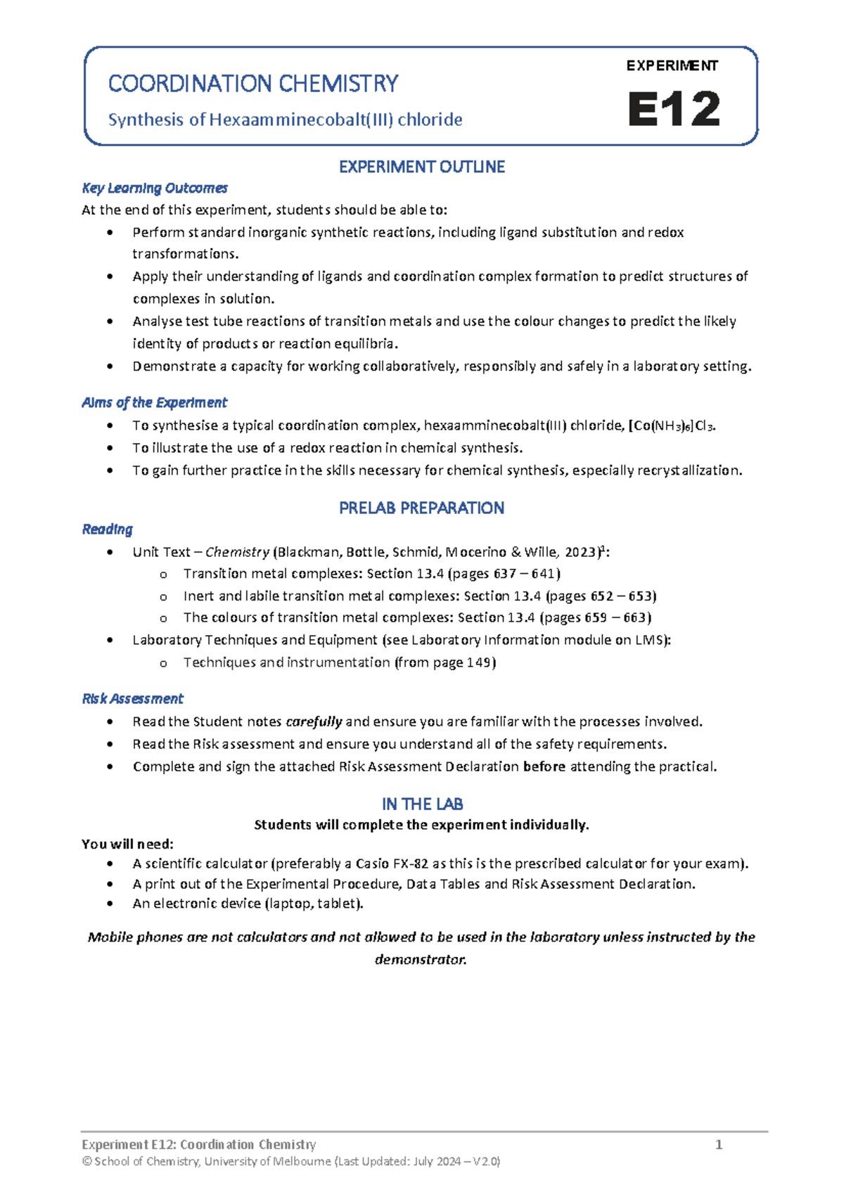 E12 notes new - Experiment E1 2 : Coordination Chemistry 1 EXPERIMENT ...