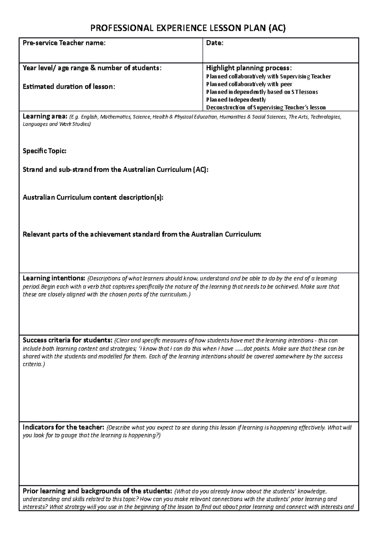 Prof Ex 2 lesson plan proforma Australian Curriculum - PROFESSIONAL ...